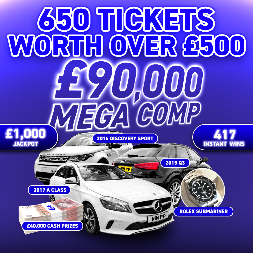 650 Tickets Into £90k Mega Comp – Doubled to two winners on sell out – Paramount Prizes
